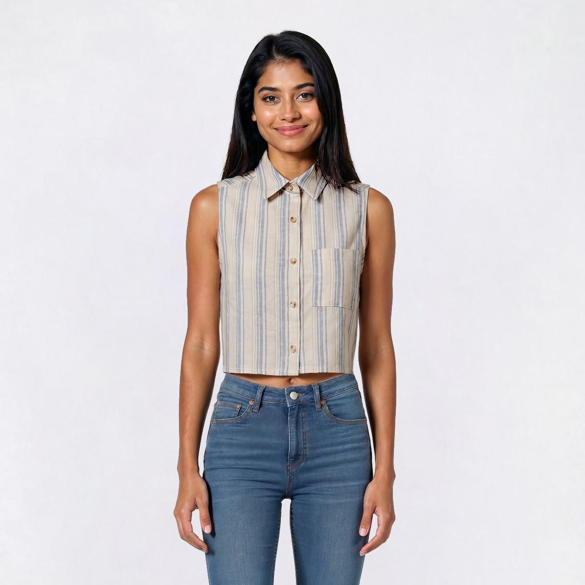 Click here for Juniors No Comment Striped Sleeveless Button Down... prices